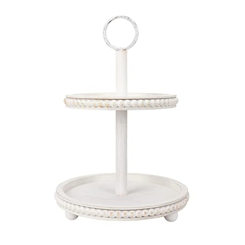 GenMous & Co. Rustic Wood Beaded 2 Tiered Tray Stand For Farmhouse Kitchen Table Decor, Rustic White Two Tiered Serving Tray For Food Fruits Cupcakes Display Coffee Bar Home Party Seasonal Decorations
