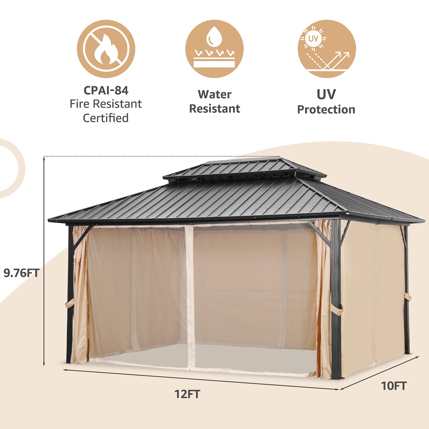 10X 12Ft Hardtop Gazebo Outdoor Gazebo Canopy Double Vented Roof Galvanized Steel Pergolas Aluminum Frame with Netting for Garden,Parties,Lawns and Patio