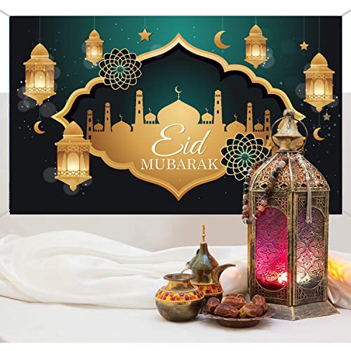 Eid Mubarak Banner Backdrop Decorations - Large Muslim Ramadan Mubarak Background Banner Photo Booth Backdrop Eid Mubarak Party Supplies