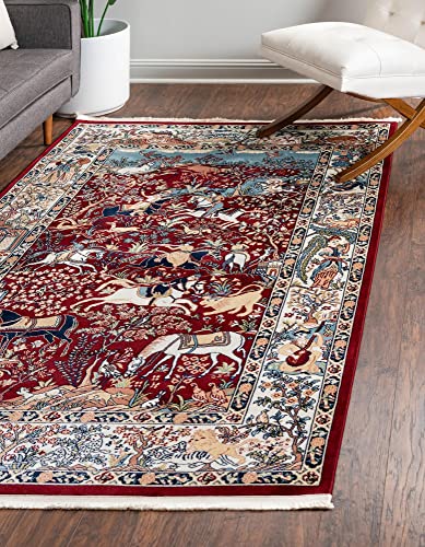 Unique Loom Narenj Collection Classic Traditional Hunting Scene Textured Design Area Rug, Rectangular 5' 0" x 8' 0", Burgundy/Tan