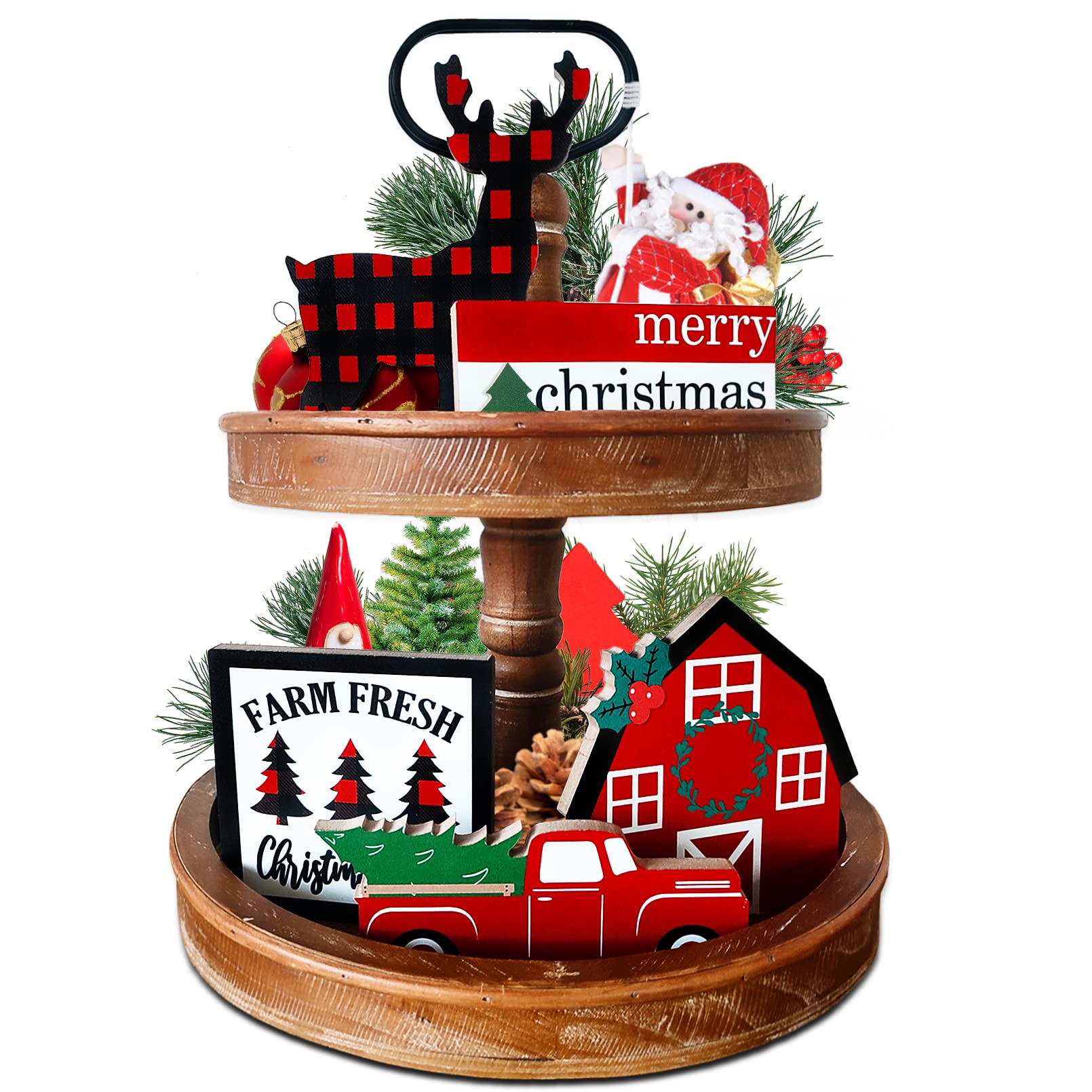 Guoofu Christmas Tiered Tray Decor, Farmhouse Tray Decorations Indoor, Merry Christmas Deer Truck Winter Wooden Signs, Rustic Christmas Decor for Kitchen Home Table Mantel Office Holiday Party