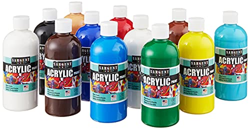 Sargent Art Acrylic Paint Set, 12 bottles x 16 Ounce, 11 assorted Colors, Non-Toxic Paints for Kids, Beginners, Students, Canvas Wood Ceramic Rock Painting Acrylic Craft Paint, Drawing & Art Supplies