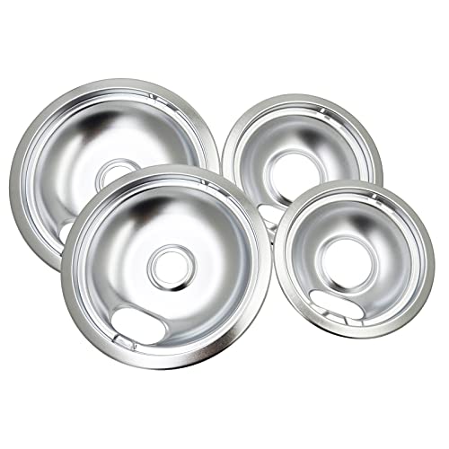 W10196405 and W10196406 Chrome Oil Drip Pans Replacement Set Compatible with Whirlpool Electric Range- Includes 2 6-Inch and 2 8-Inch Pans, 4 Pack, Silver