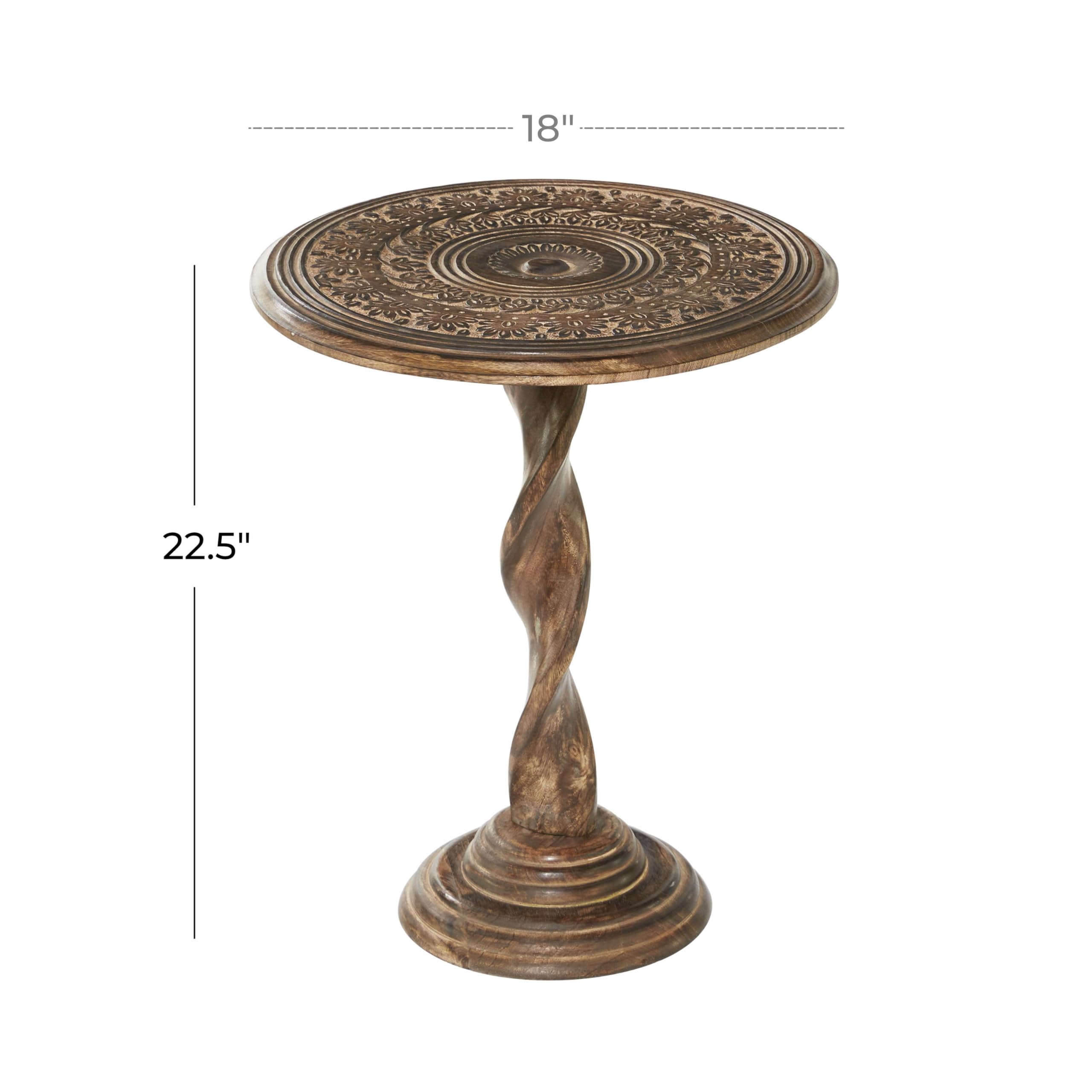 Deco 79 Mango Wood Floral Handmade Intricately Carved Accent Table with Spiral Leg and Elevated Base, 18" x 18" x 22", Brown