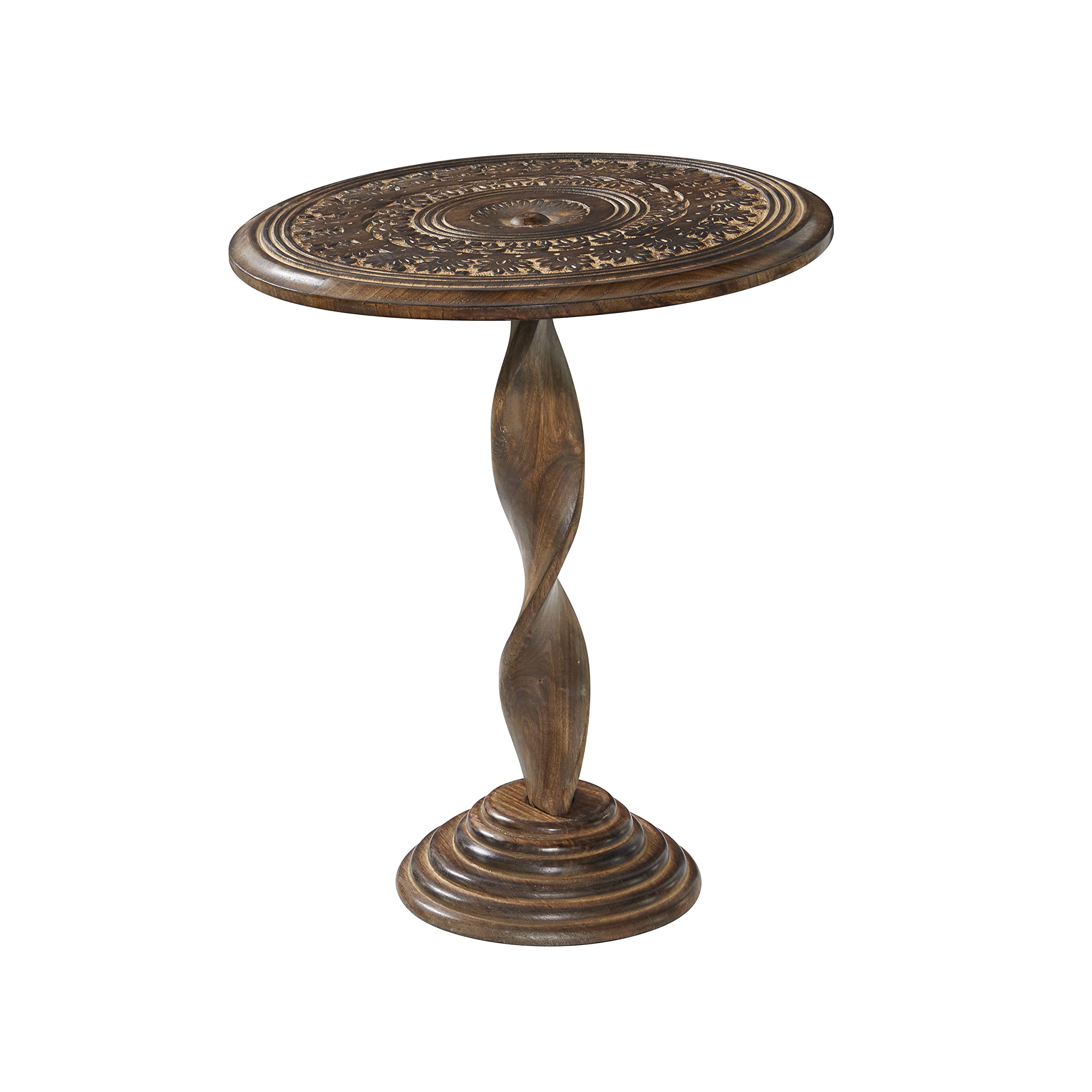Deco 79 Mango Wood Floral Handmade Intricately Carved Accent Table with Spiral Leg and Elevated Base, 18" x 18" x 22", Brown