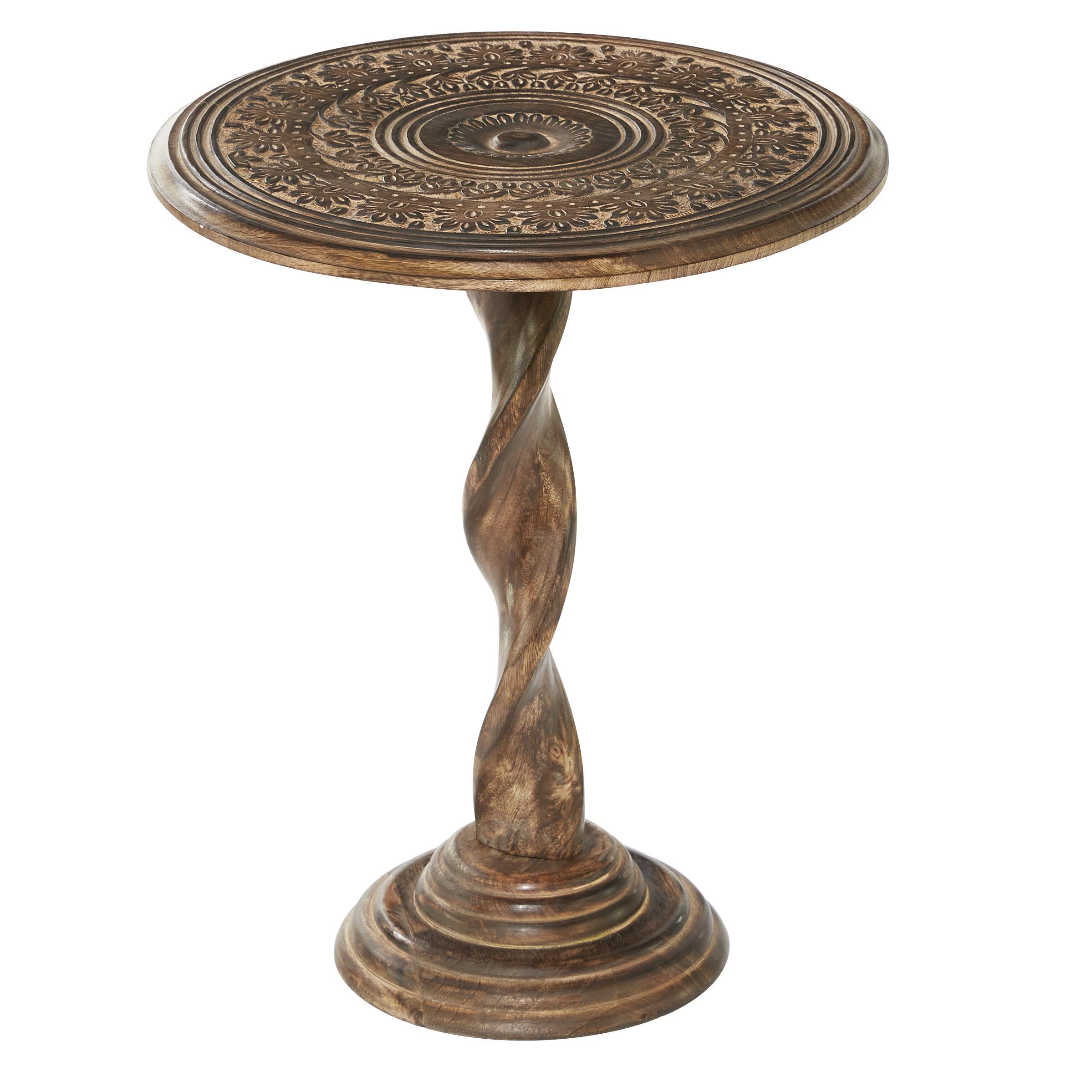 Deco 79 Mango Wood Floral Handmade Intricately Carved Accent Table with Spiral Leg and Elevated Base, 18" x 18" x 22", Brown