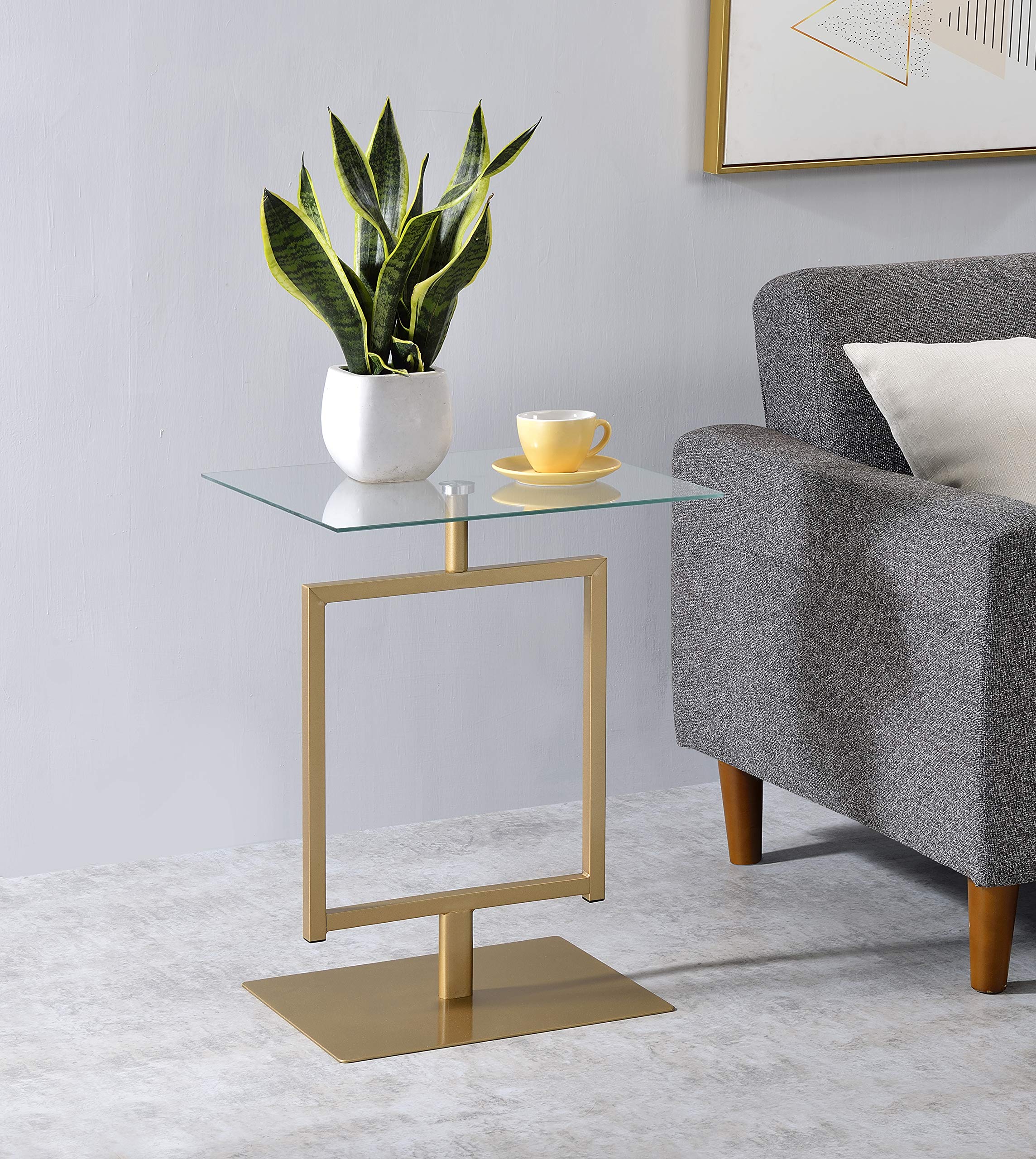 KB Designs - Modern Glass Top Accent Pedestal End Table, Gold Base