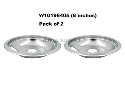 W10196405 and W10196406 Chrome Oil Drip Pans Replacement Set Compatible with Whirlpool Electric Range- Includes 2 6-Inch and 2 8-Inch Pans, 4 Pack, Silver