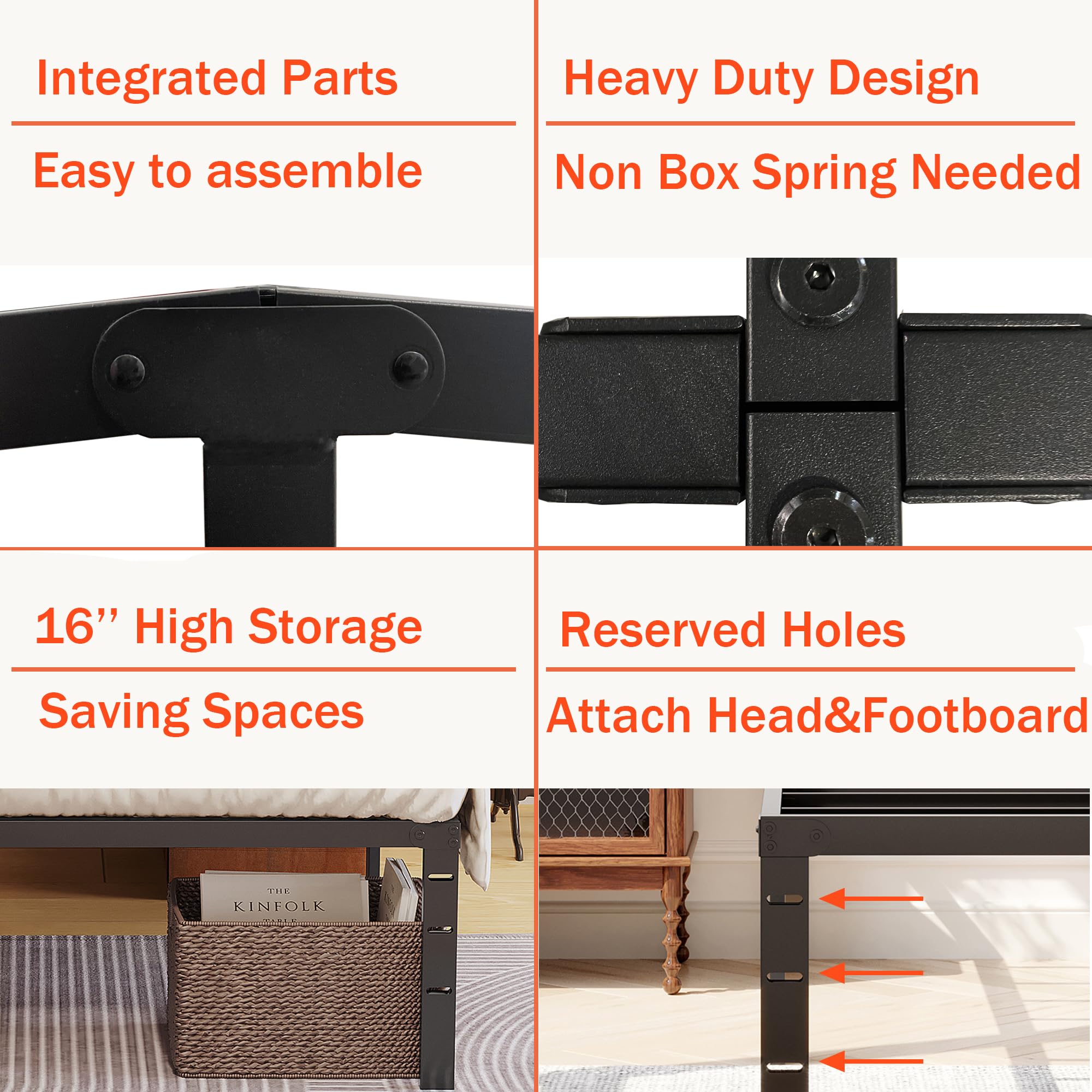 zunatu 18 Inch Queen Metal Bed Frame Foundation No Box Spring Needed Heavy Duty Tall Platform with Large Storage Easy Assembly Mattress Noise Free, Black