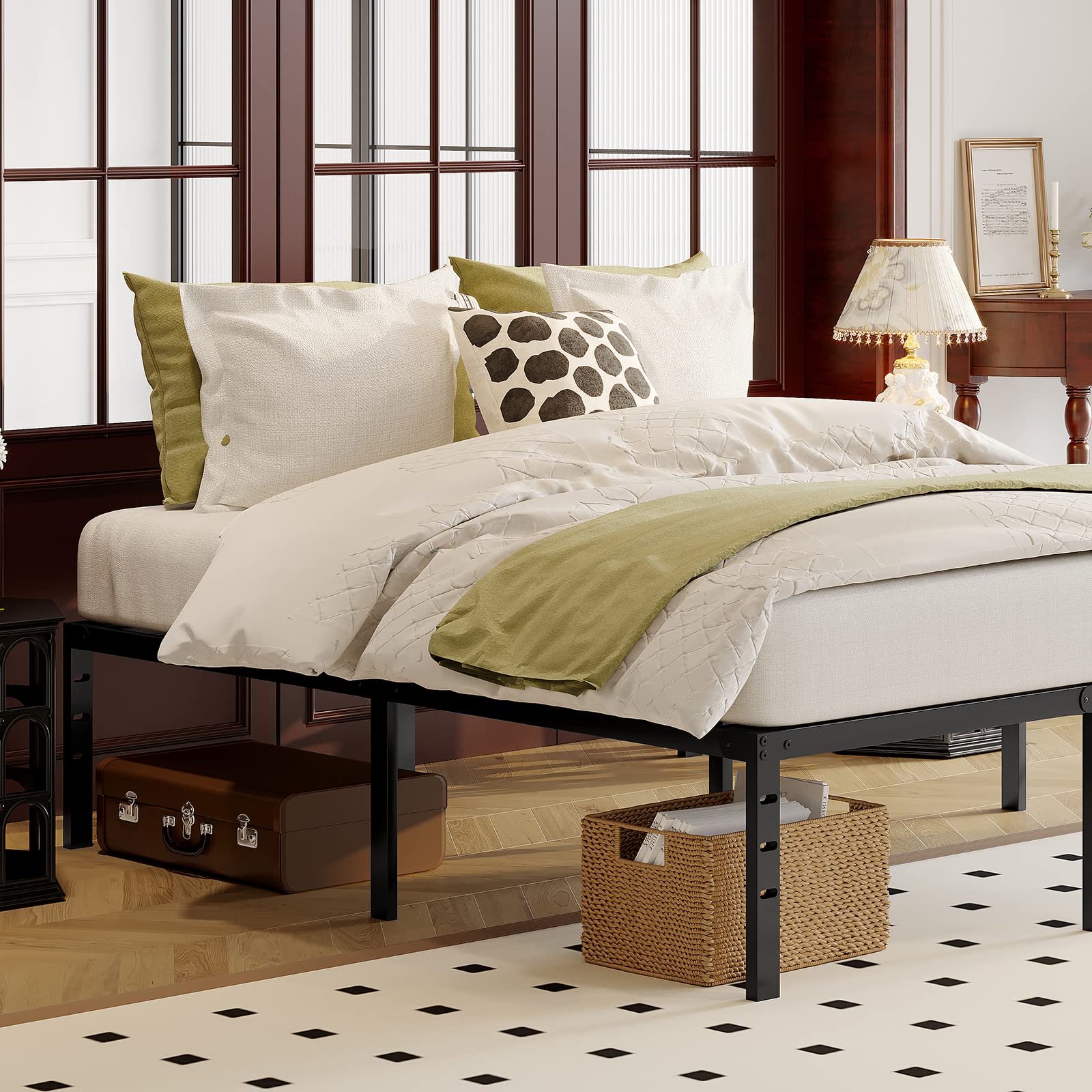 zunatu 18 Inch Queen Metal Bed Frame Foundation No Box Spring Needed Heavy Duty Tall Platform with Large Storage Easy Assembly Mattress Noise Free, Black