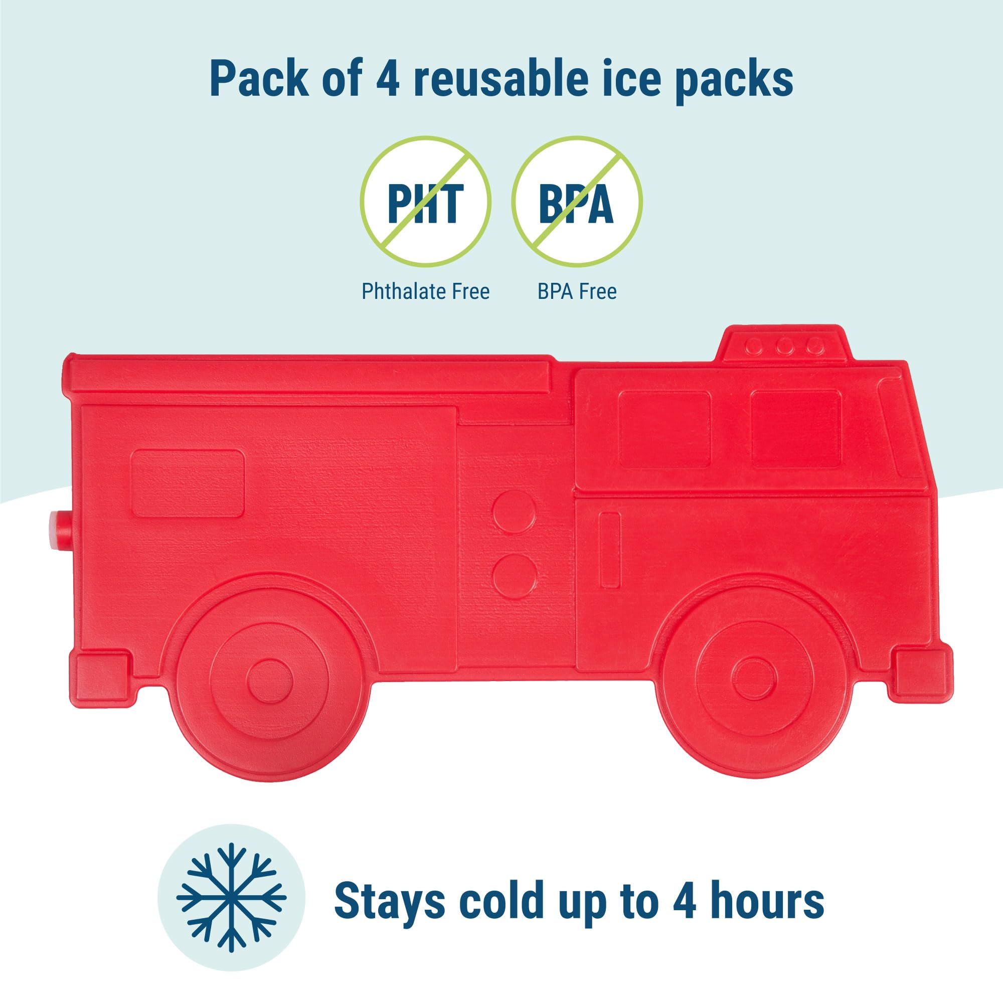 Wildkin Kids Ice Packs (4 Pack) – Slim, Reusable, Keeps Lunch Cool for School/Travel - Fire Truck