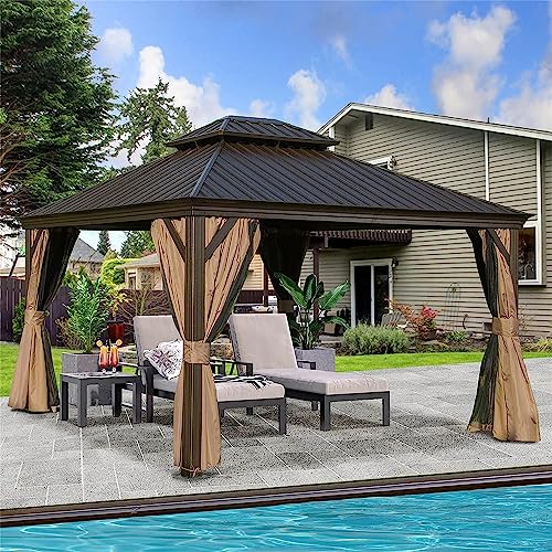 Evedy Hardtop Gazebo 12x14FT,Outdoor Permanent Metal Pavilion with Curtains and Netting,Outdoor Aluminum Frame Canopy with Galvanized Steel Double Roof for Patio, Backyard and Lawn(Brown)
