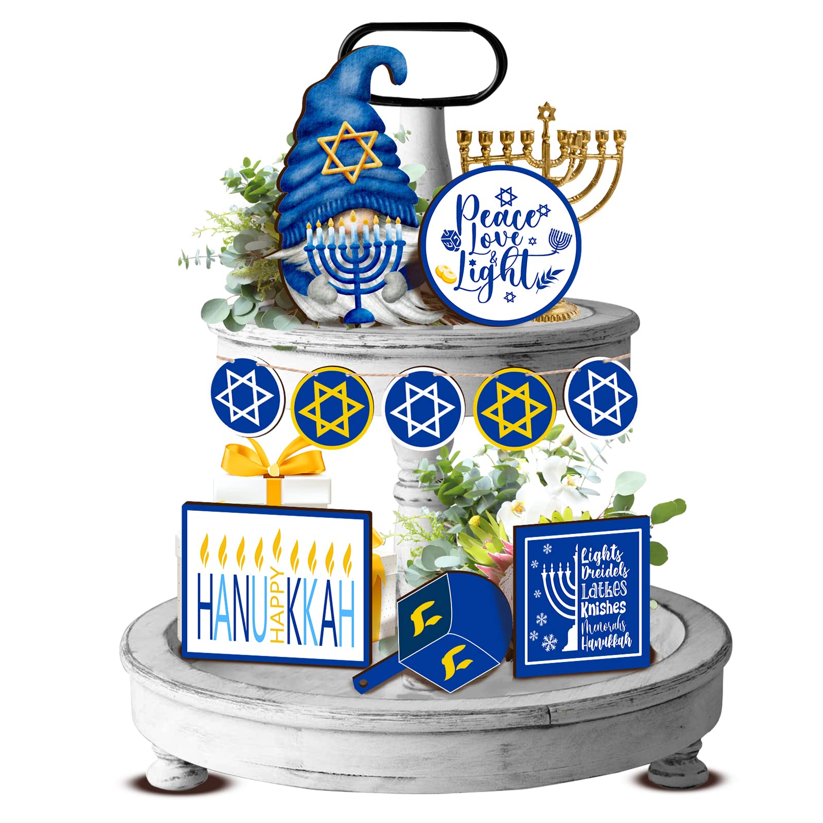 10 Pieces Happy Hanukkah Tiered Tray Decor-Hanukkah Wood Signs Decor with Star of David, Hanukkah Gnome, Mini Menorah, Hanukkah Party Wooden Decor for Hanukkah Farmhouse Home Table Decor