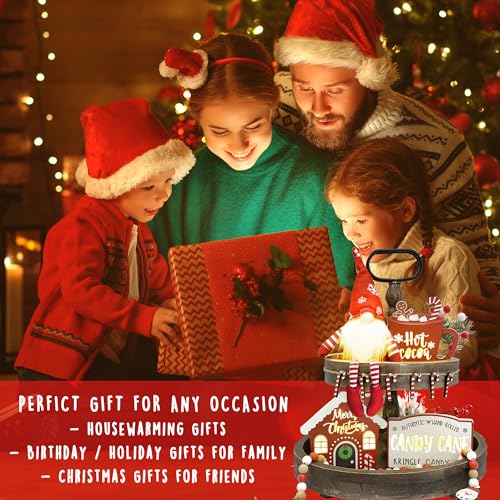 Christmas LED Tiered Tray Decor - Candy Cane, Xmas Plush Gnome, Wood Beads Garland & Mini Banner