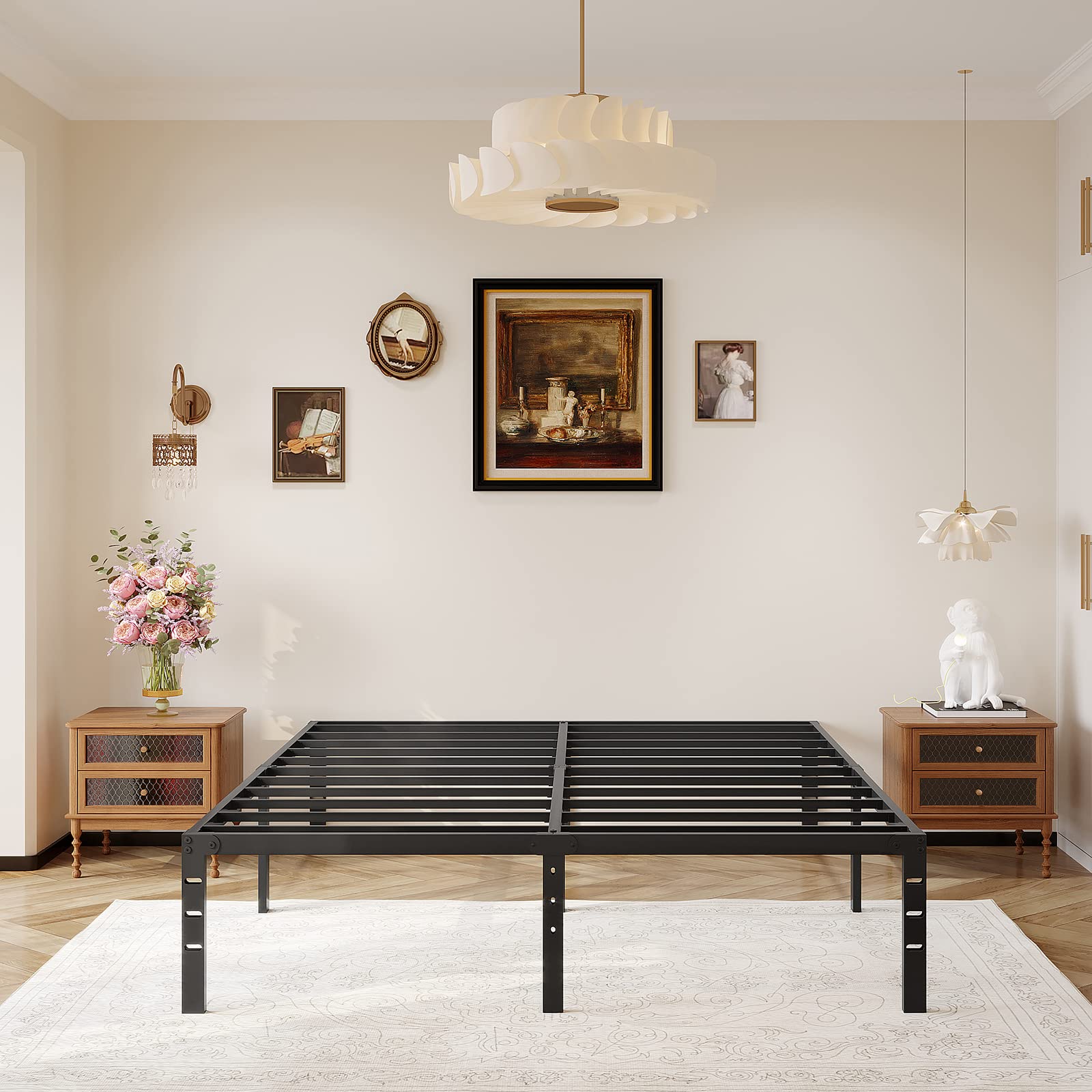 zunatu 18 Inch Queen Metal Bed Frame Foundation No Box Spring Needed Heavy Duty Tall Platform with Large Storage Easy Assembly Mattress Noise Free, Black