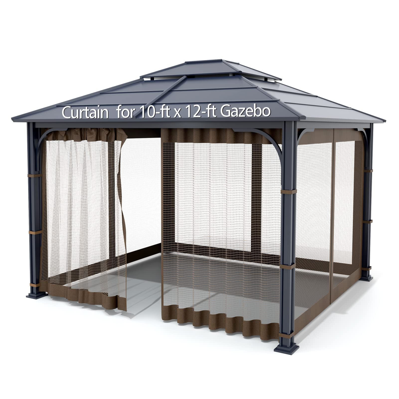 Gazebo Universal Replacement Mosquito Netting - Wonwon Outdoor Gazebo Canopy 4-Panel Screen Walls with Zipper for 10' x 12' Gazebo (Mosquito Net Only) (Brown)