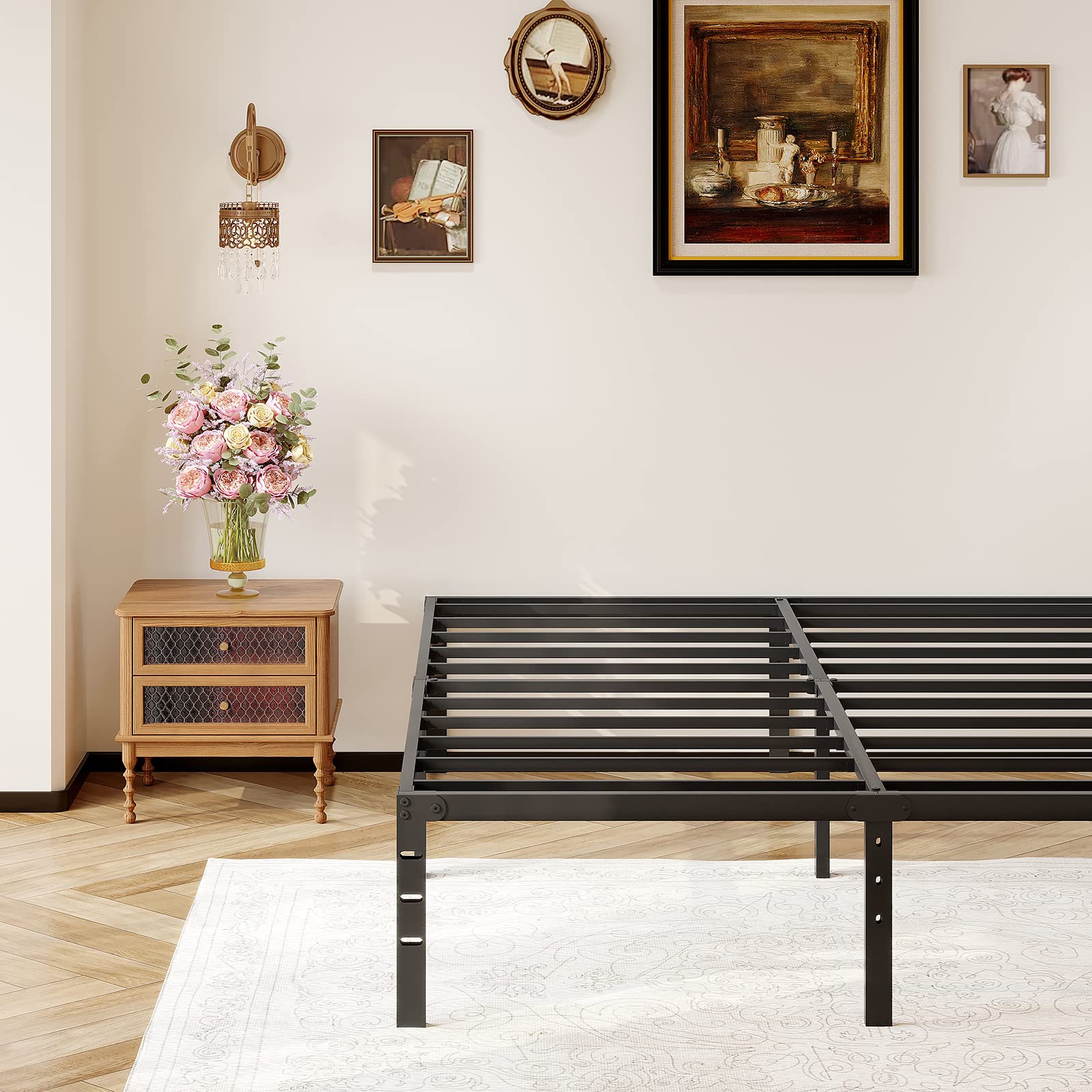 zunatu 18 Inch Queen Metal Bed Frame Foundation No Box Spring Needed Heavy Duty Tall Platform with Large Storage Easy Assembly Mattress Noise Free, Black