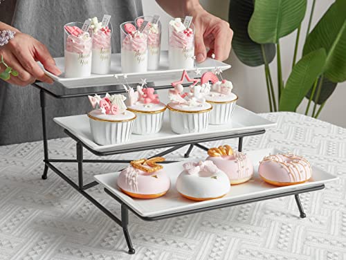 ONEMORE 3 Tier Serving Tray, Tiered Tray Stand for Party Entertaining Collapsible Sturdier Rack with 12" White Rectangular Ceramic Serving Platters for Fruit Cupcake Food Dessert Table Display Set