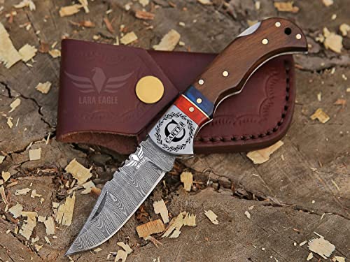 Lara Eagle Personalised Damascus Pocket Knife for Men - 133 Layer Solid Steel Handmade Folding Hunting Knives with Sharpner and Leather Pouch - Best Knife for Camping Hunting Hiking - Father’s Day Gifts for Men Husband Dad