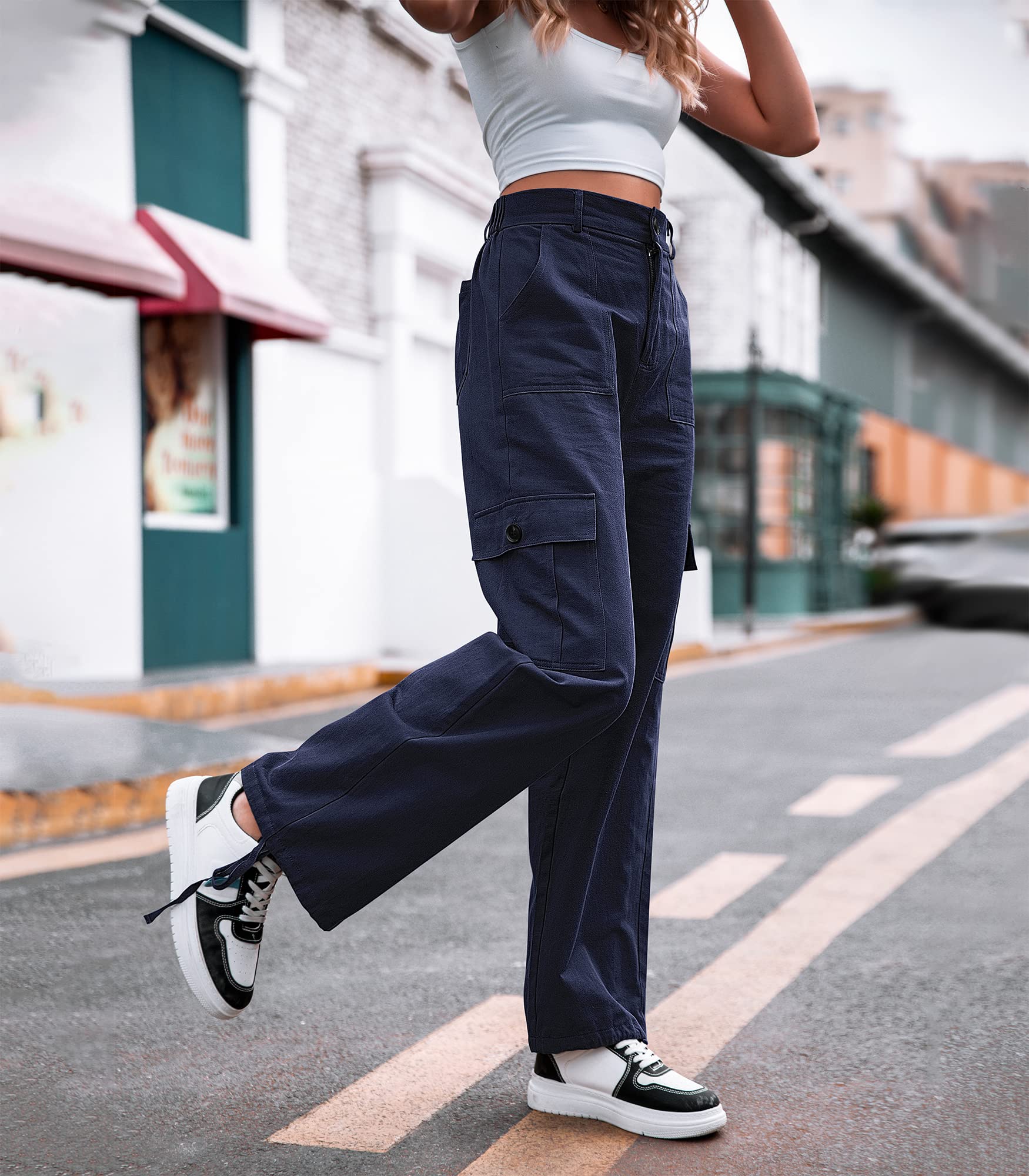 ZMPSIISA Women High Waisted Cargo Pants Wide Leg Casual Pants 6 Pockets Combat Military Trousers(Navy,Medium)