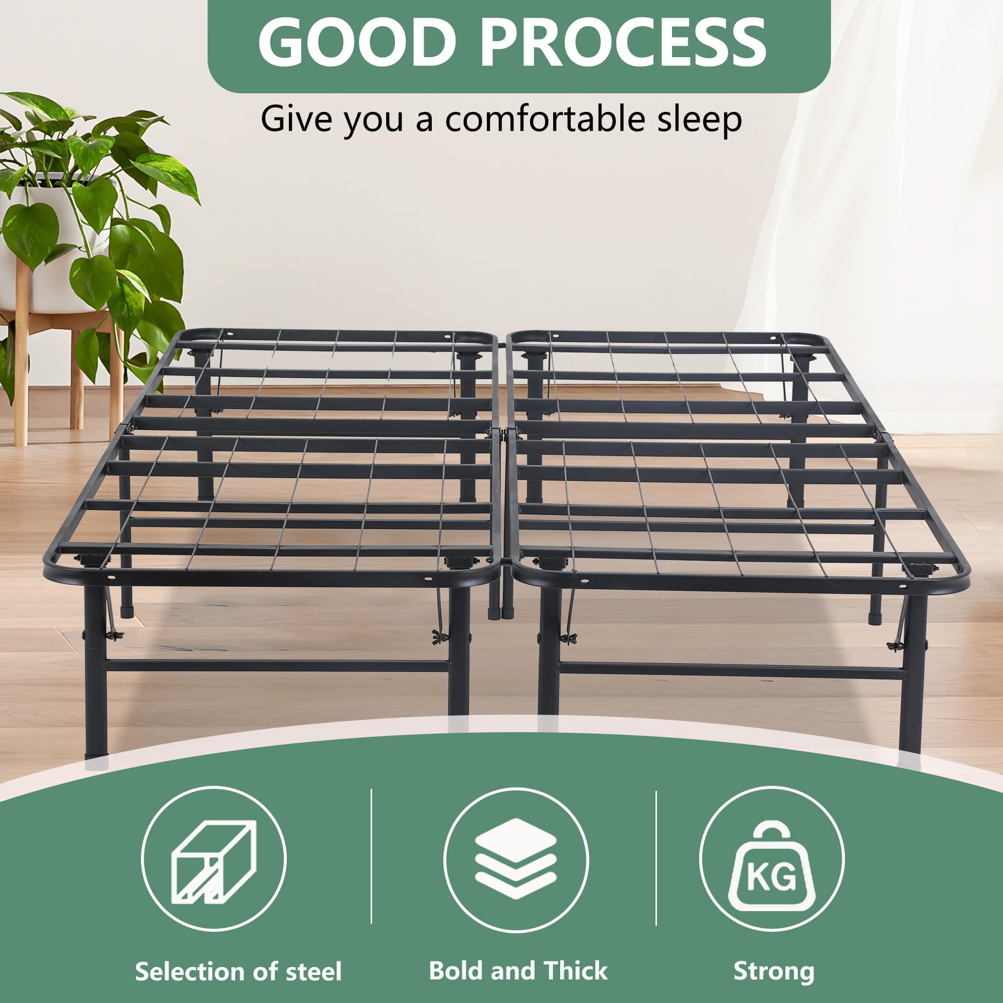 PayLessHere 14 Inch Metal Bed Frame Folding Bed Frame Heavy Duty Steel Slat Platform Bed Frame Mattress Foundation Box Spring Replacement Noise-Free Easy Assembly,Black Short Queen