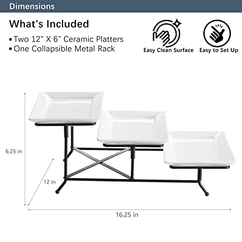 ONEMORE 3 Tier Serving Tray, Tiered Tray Stand for Party Entertaining Collapsible Sturdier Rack with 12" White Rectangular Ceramic Serving Platters for Fruit Cupcake Food Dessert Table Display Set