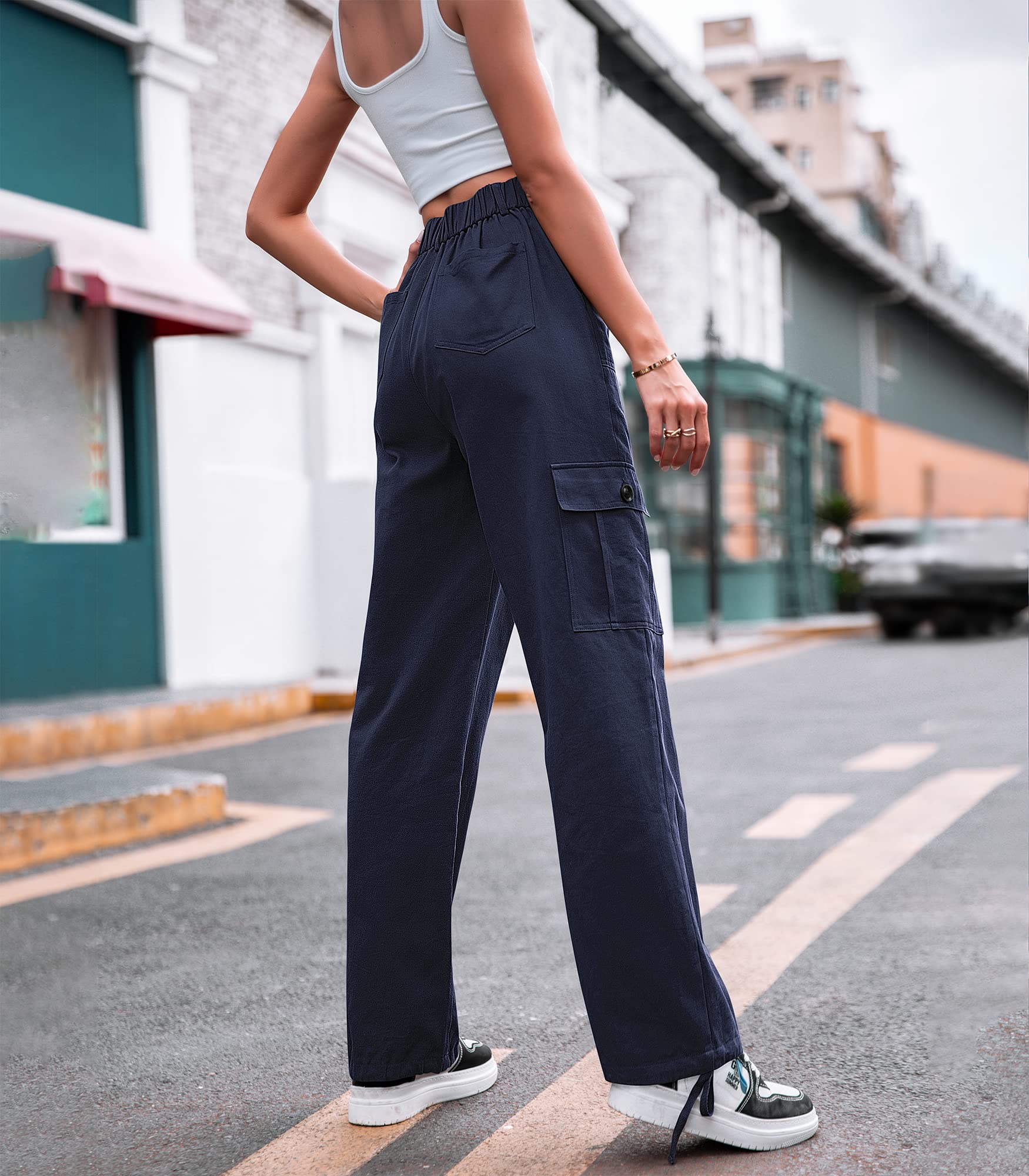ZMPSIISA Women High Waisted Cargo Pants Wide Leg Casual Pants 6 Pockets Combat Military Trousers(Navy,Medium)