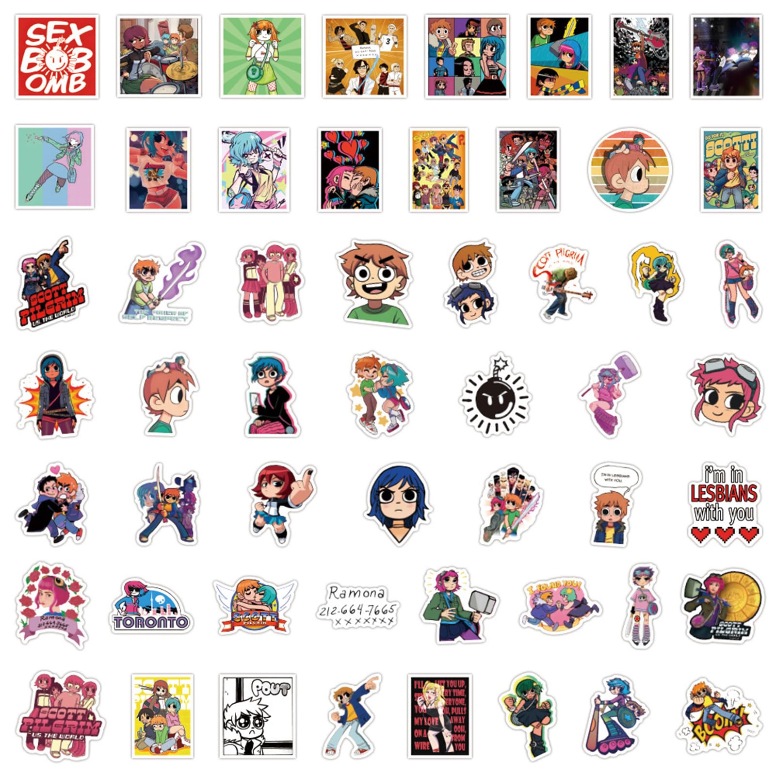 55 Pcs Scott Pilgrim Stickers Waterproof Vinyl Stickers for Water Bottles Laptop Skateboard Luggage Computer Stickers for Teens Girls Kids (Scott Pilgrim)