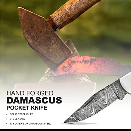 Lara Eagle Personalised Damascus Pocket Knife for Men - 133 Layer Solid Steel Handmade Folding Hunting Knives with Sharpner and Leather Pouch - Best Knife for Camping Hunting Hiking - Father’s Day Gifts for Men Husband Dad