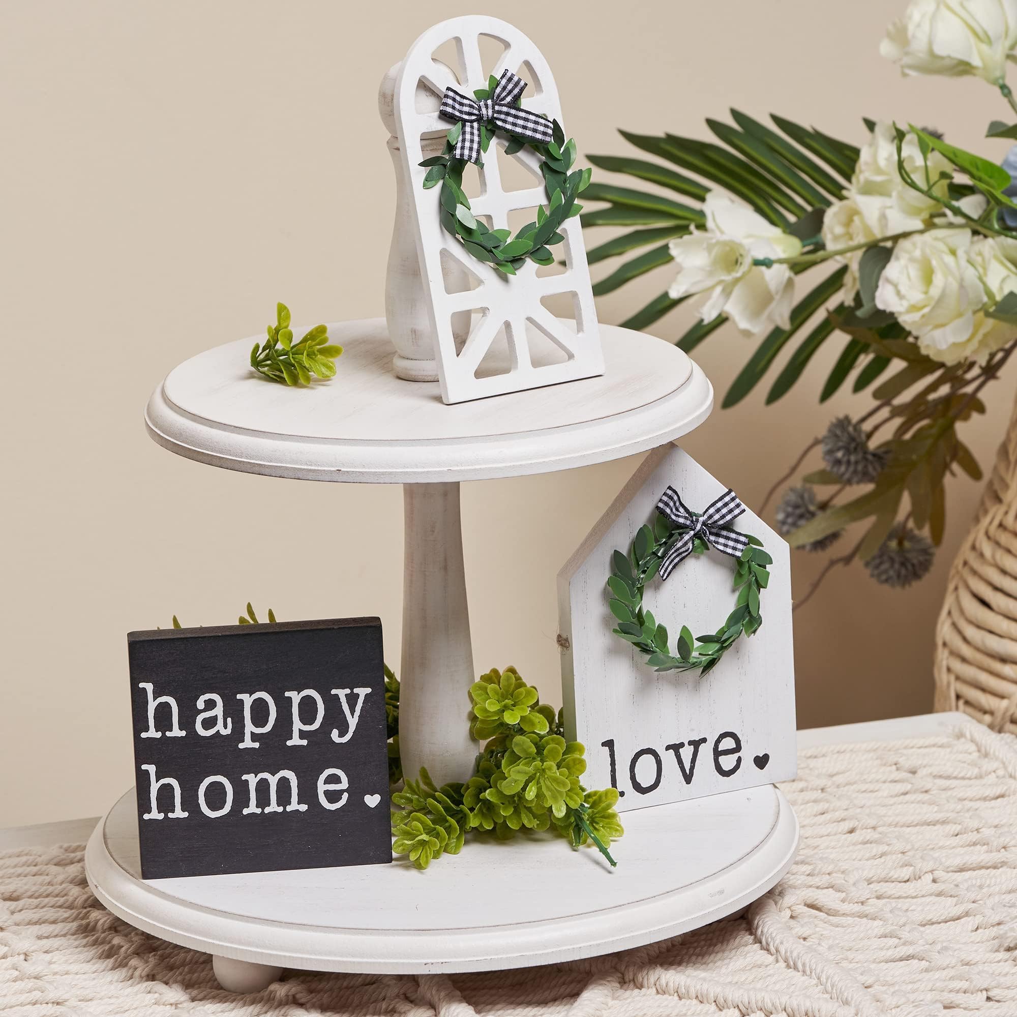 Defined Deco Wooden Decorative Tray Two Tiered Tray, White Tiered Tray, Cupcake Stand, Serving Tray Stand with 3 Pcs Signs Decor for Kitchen Island Decor, Home Decor and Holloween Farmhouse Décor