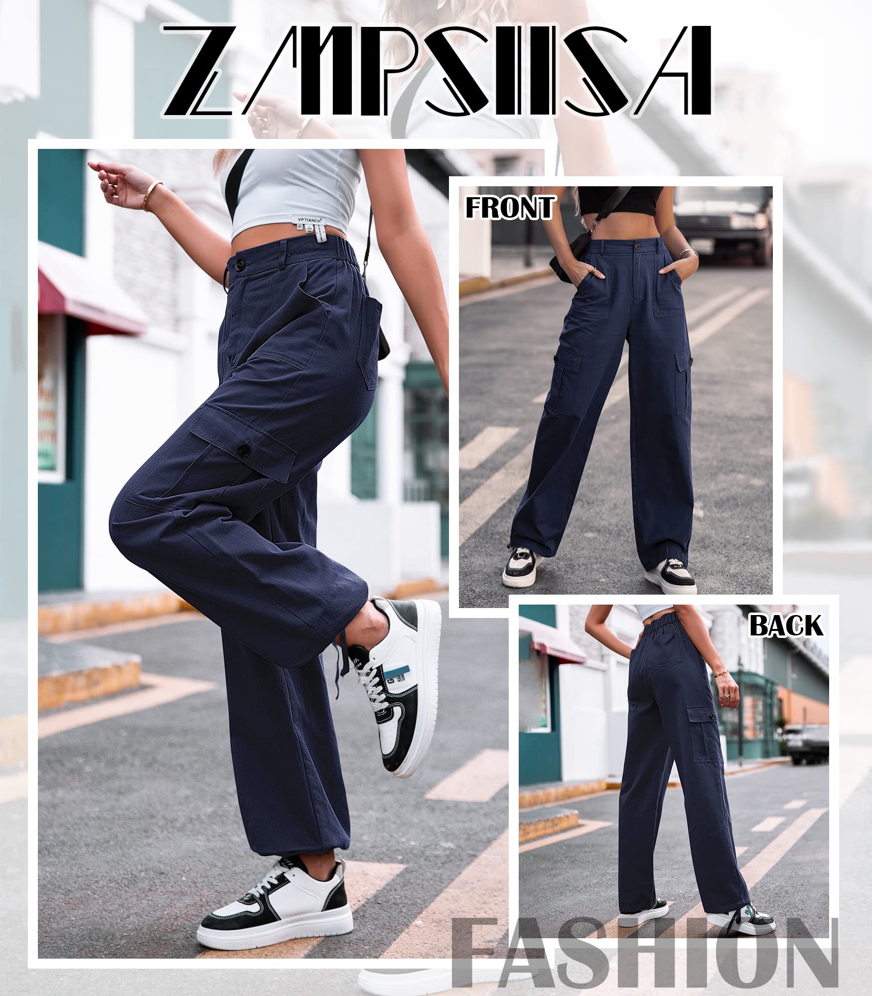 ZMPSIISA Women High Waisted Cargo Pants Wide Leg Casual Pants 6 Pockets Combat Military Trousers(Navy,Medium)
