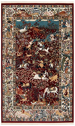 Unique Loom Narenj Collection Classic Traditional Hunting Scene Textured Design Area Rug, Rectangular 5' 0" x 8' 0", Burgundy/Tan
