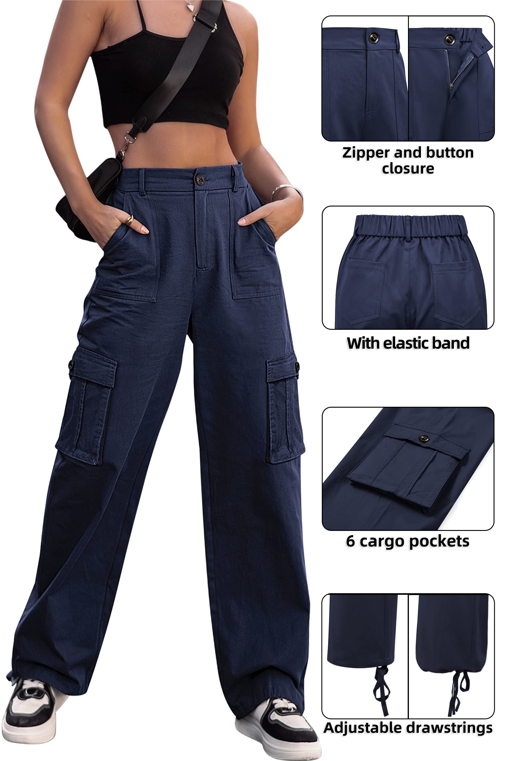 ZMPSIISA Women High Waisted Cargo Pants Wide Leg Casual Pants 6 Pockets Combat Military Trousers(Navy,Medium)