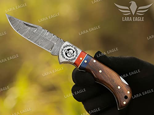 Lara Eagle Personalised Damascus Pocket Knife for Men - 133 Layer Solid Steel Handmade Folding Hunting Knives with Sharpner and Leather Pouch - Best Knife for Camping Hunting Hiking - Father’s Day Gifts for Men Husband Dad