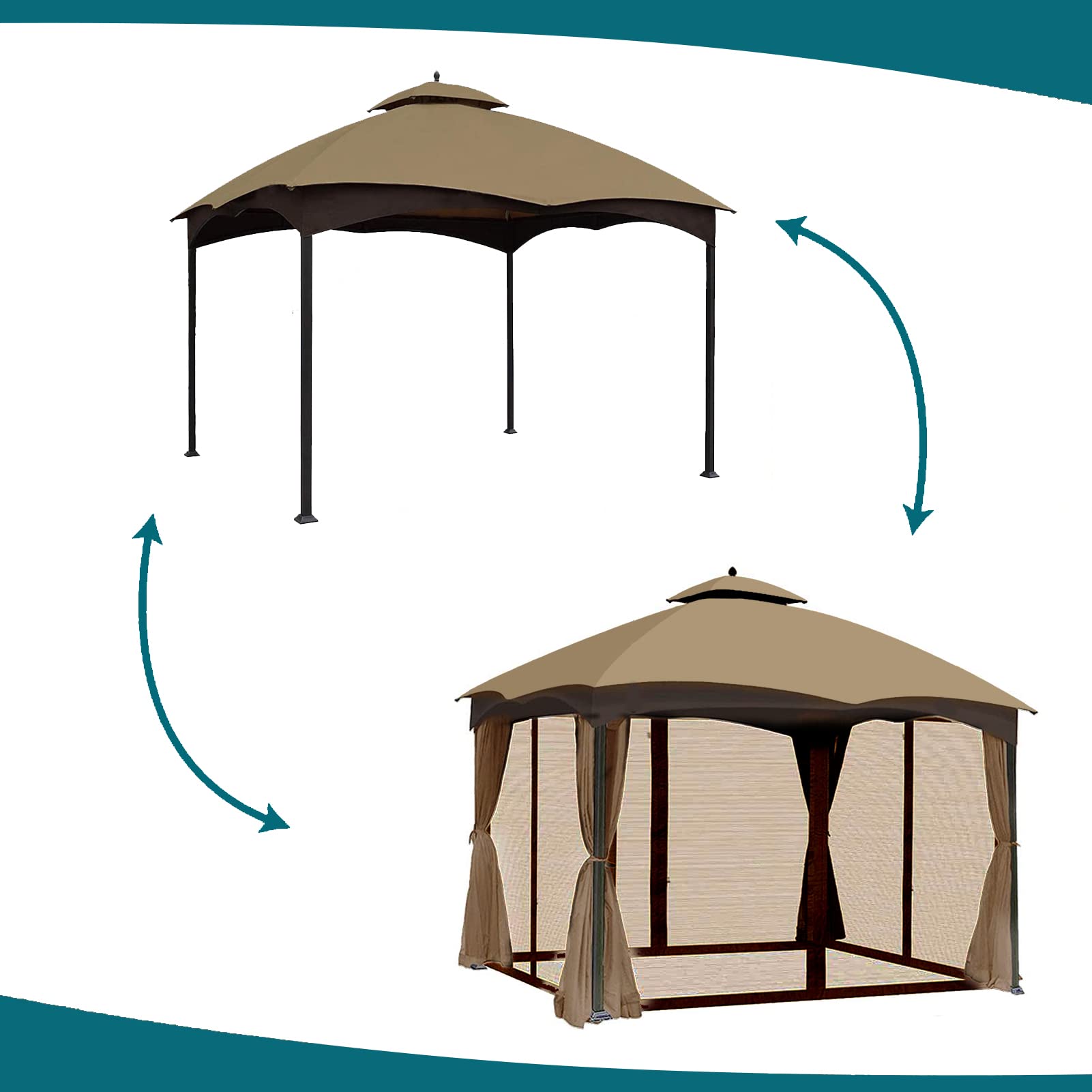 Gazebo Universal Replacement Mosquito Netting - Wonwon Outdoor Gazebo Canopy 4-Panel Screen Walls with Zipper for 10' x 12' Gazebo (Mosquito Net Only) (Brown)