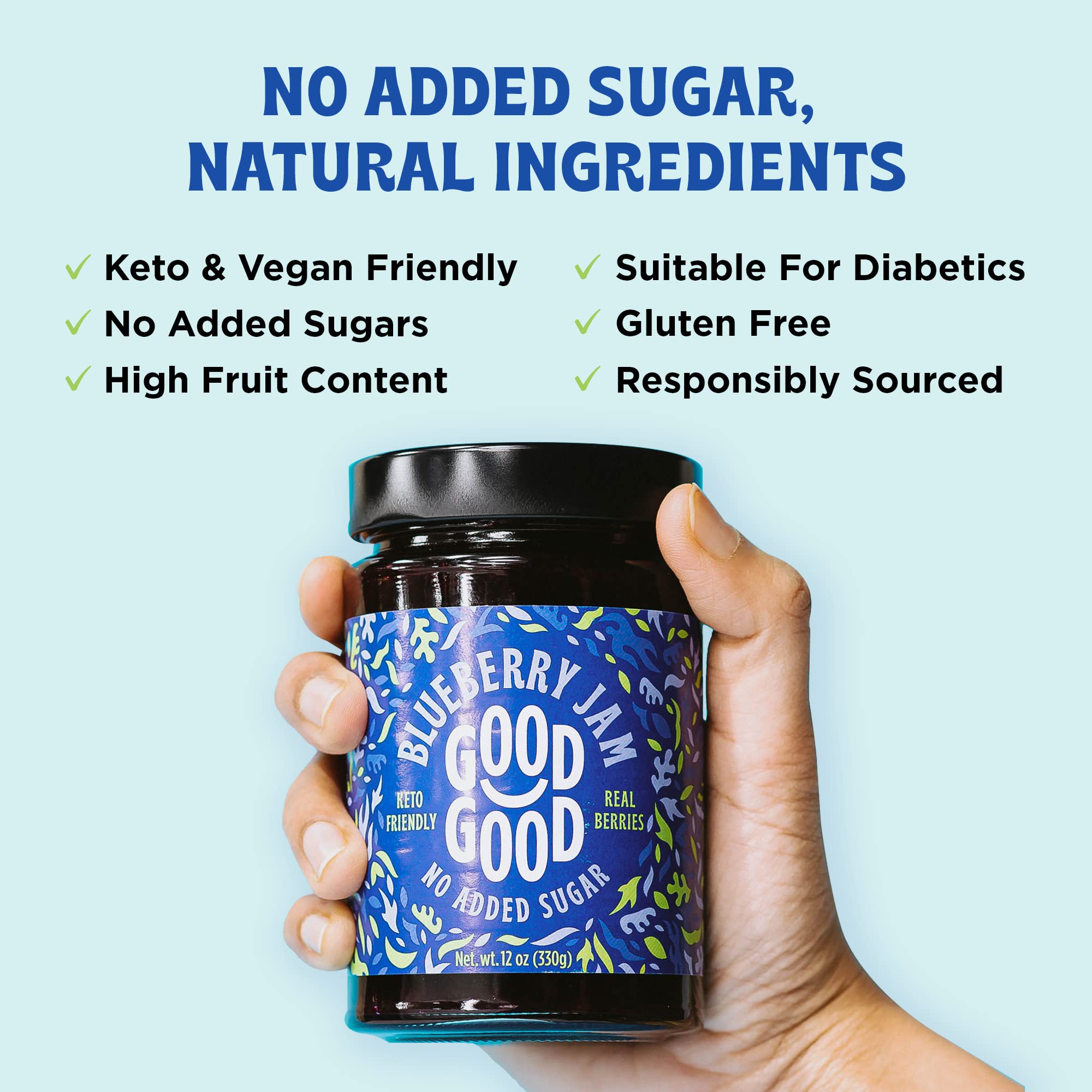Good Good No Added Sugar Blueberry Jam - Keto Friendly Jelly - Low Carb, Low-Calorie and Vegan - Diabetic Friendly - 12oz / 330g (Pack of 2)