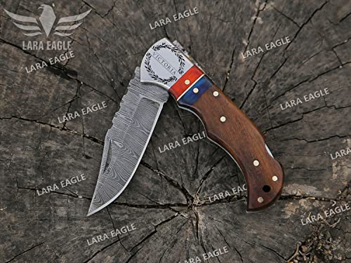 Lara Eagle Personalised Damascus Pocket Knife for Men - 133 Layer Solid Steel Handmade Folding Hunting Knives with Sharpner and Leather Pouch - Best Knife for Camping Hunting Hiking - Father’s Day Gifts for Men Husband Dad