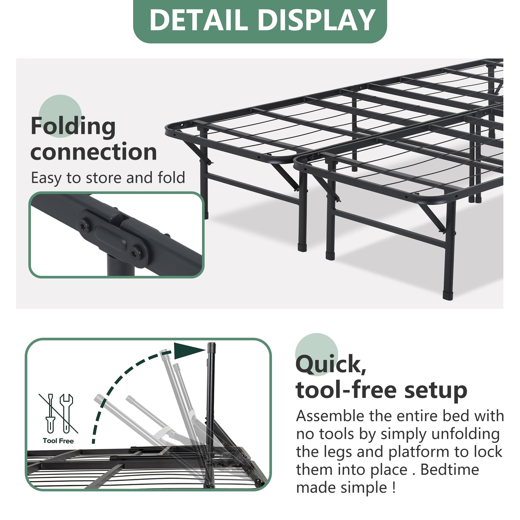 PayLessHere 14 Inch Metal Bed Frame Folding Bed Frame Heavy Duty Steel Slat Platform Bed Frame Mattress Foundation Box Spring Replacement Noise-Free Easy Assembly,Black Short Queen