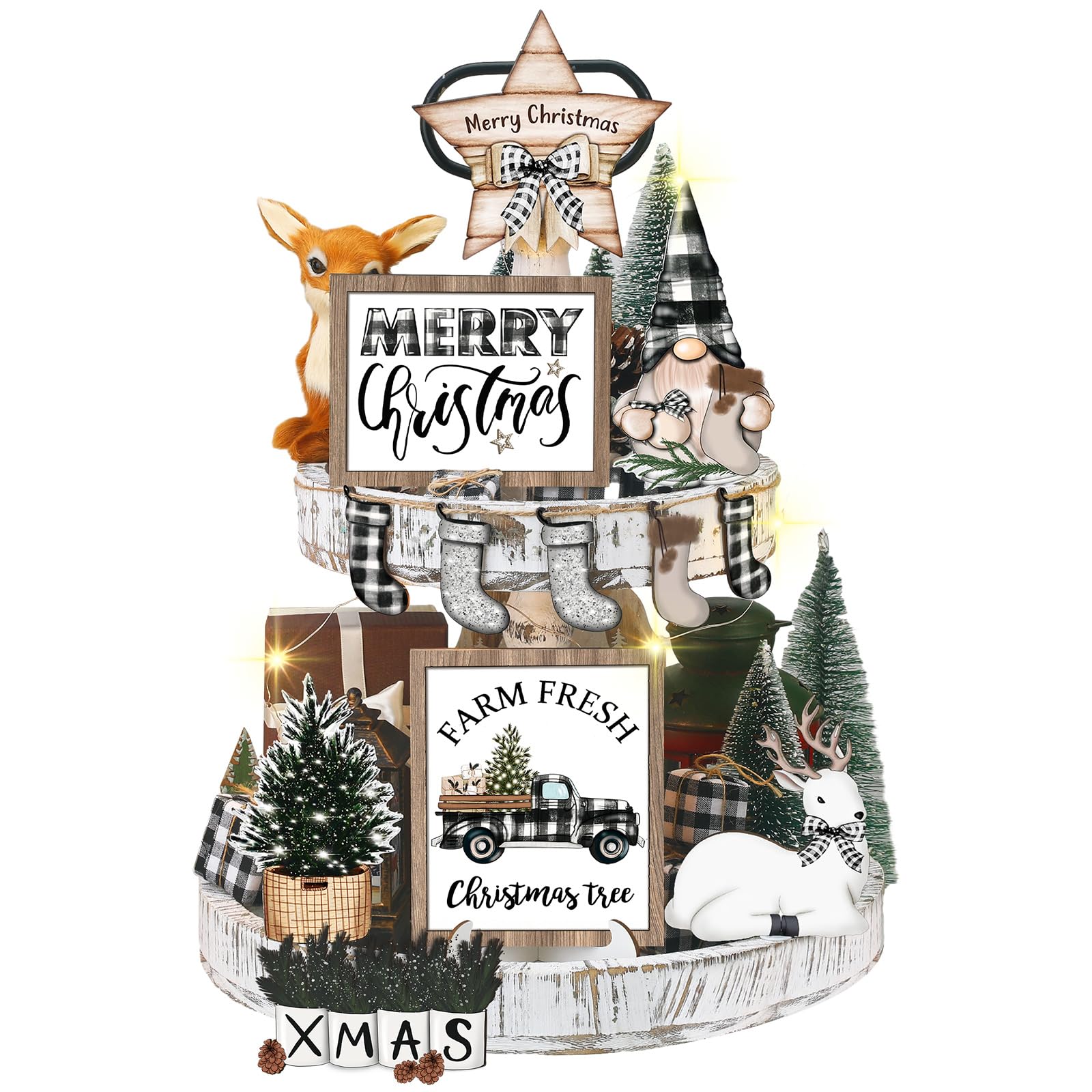 FairySandy 13 Pcs Christmas Tiered Tray Decor Set Xmas Black and White Plaid Gnome Wooden Tabletop Signs Elk Gnome Truck Rustic Farmhouse Winter Decorative Trays Cozy Christmas Decor for Home Kitchen