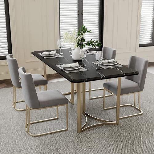 Maotifeys Modern Marble Dining Table,71" Rectangle Black Faux Marble Top Dining Table with Brushed Metal Pedestal Base,Kitchen Table for 6-8 Person Dinner Table for Dining Room,Living Room,Home Office