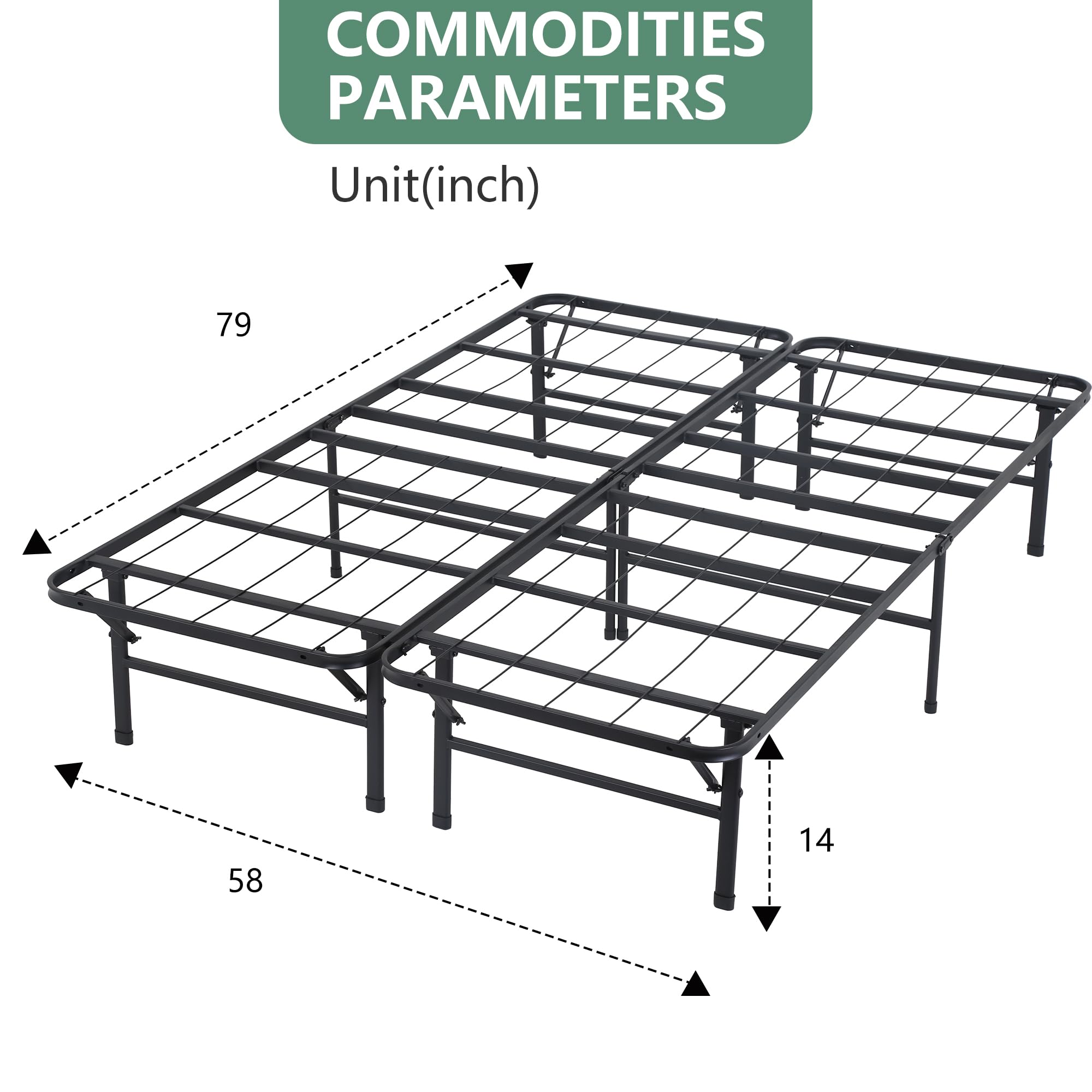 PayLessHere 14 Inch Metal Bed Frame Folding Bed Frame Heavy Duty Steel Slat Platform Bed Frame Mattress Foundation Box Spring Replacement Noise-Free Easy Assembly,Black Short Queen