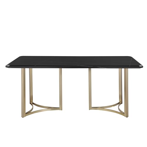Maotifeys Modern Marble Dining Table,71" Rectangle Black Faux Marble Top Dining Table with Brushed Metal Pedestal Base,Kitchen Table for 6-8 Person Dinner Table for Dining Room,Living Room,Home Office