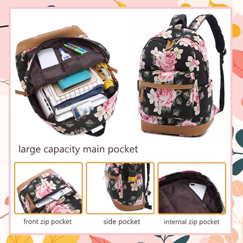 Lmeison Green Floral Backpack with Lunch Box, Girls Backpack for School Kids Backpack College Backpack Travel Backpack for Women