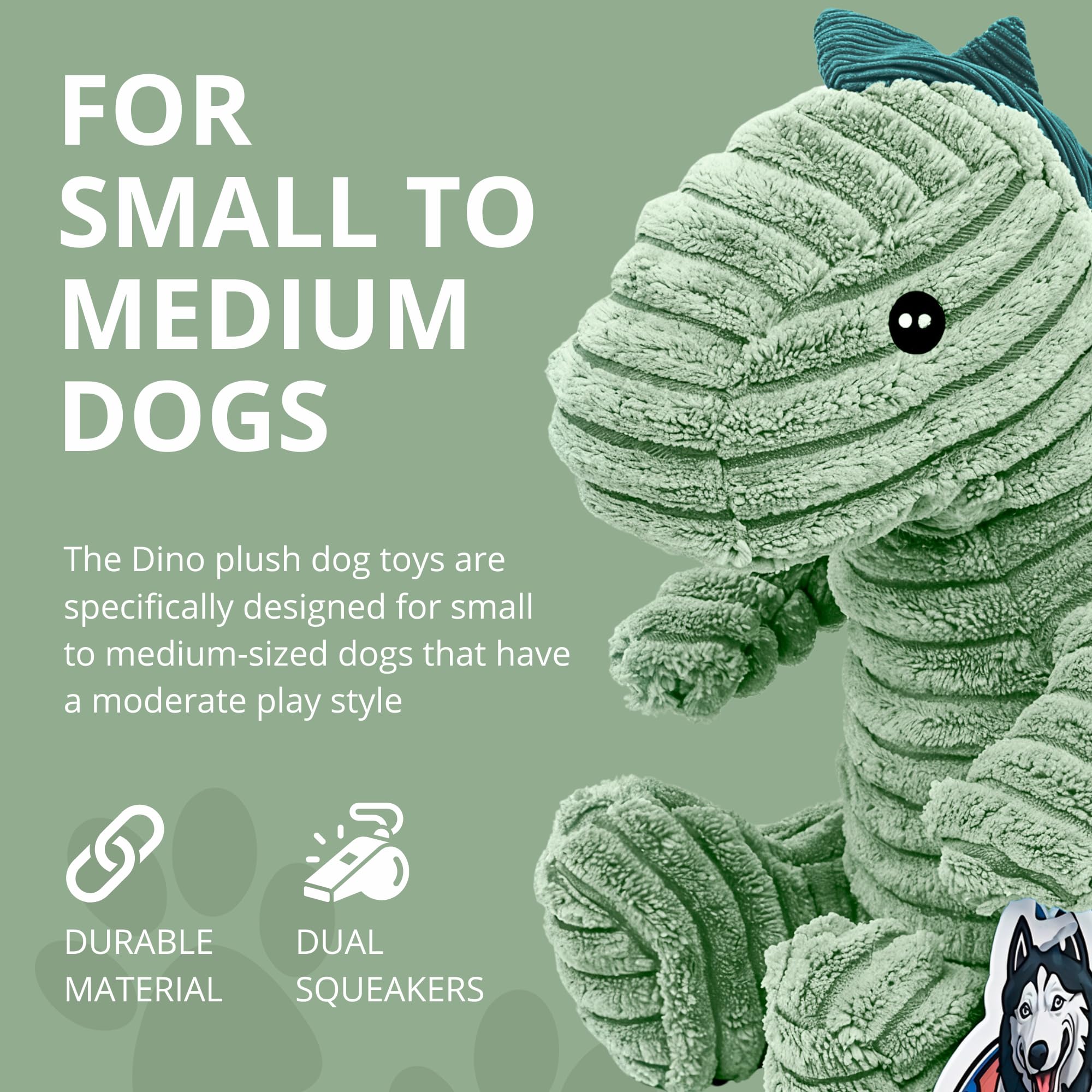 MORELIFE Naughty Dogs Dinos Plush Squeaky Toy | for Small Medium Large Dogs, All Dog Breeds, Green