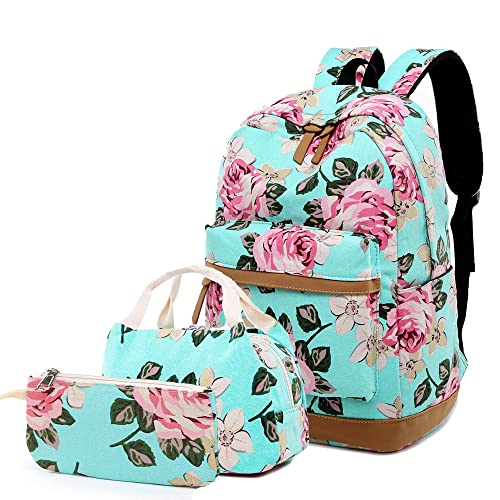 Lmeison Green Floral Backpack with Lunch Box, Girls Backpack for School Kids Backpack College Backpack Travel Backpack for Women
