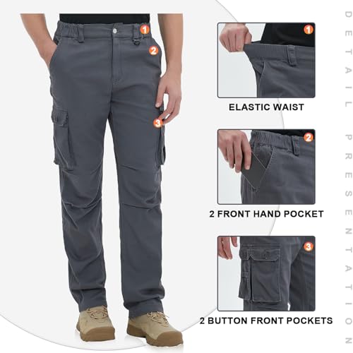 Men's Cargo Pants Casual Cotton Elastic Waist Work Pants Military Combat Tactical Cargo Pants with 7 Pockets,Dark Gray 2XL