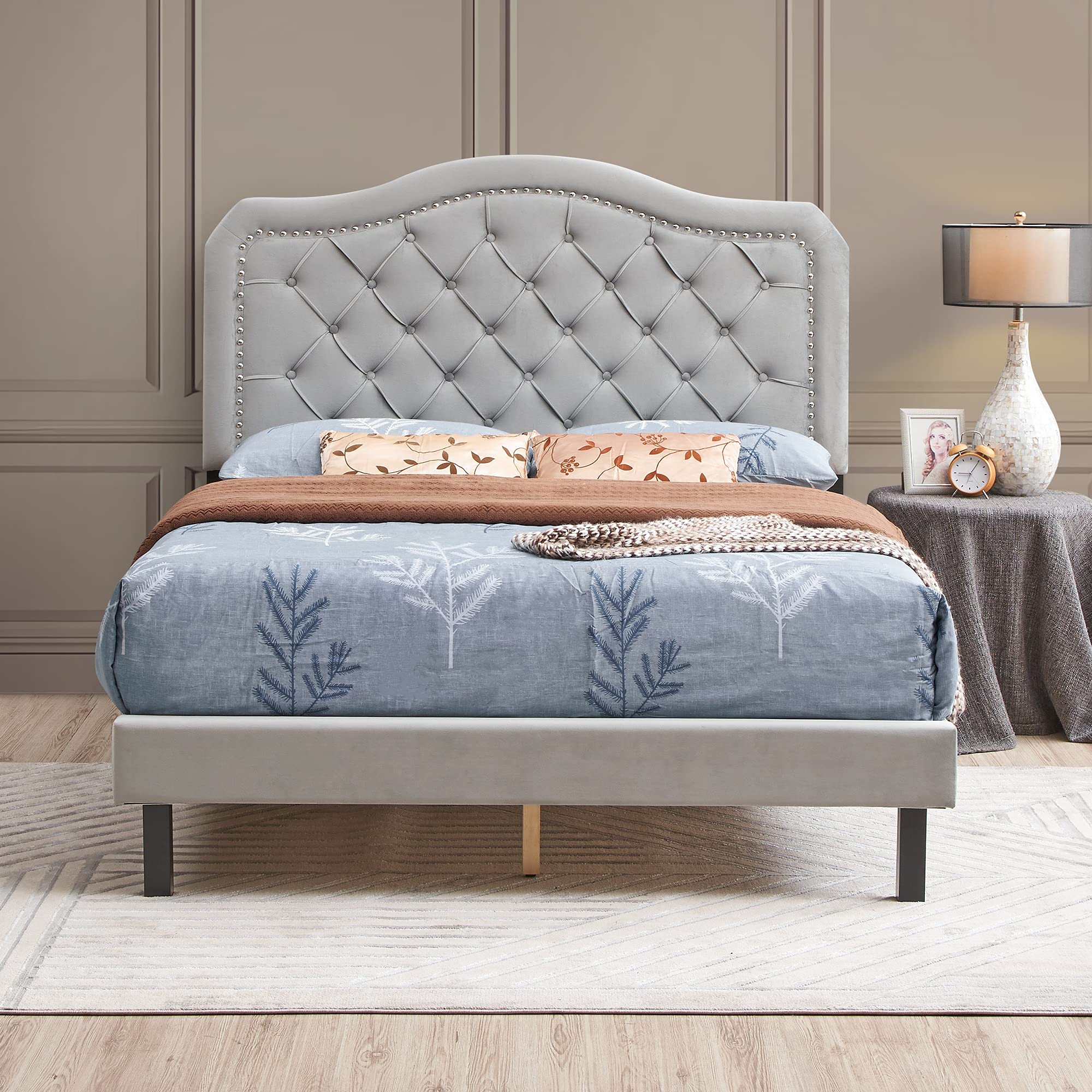 Prohon Queen Platform Bed with Tufted Trim Headboard, Upholstered Bed Frame Curved Bedframes for Kids, Teen & Adults, No Box Spring Needed, 83.8"L x 69.29"W x 42.5"H, Grey