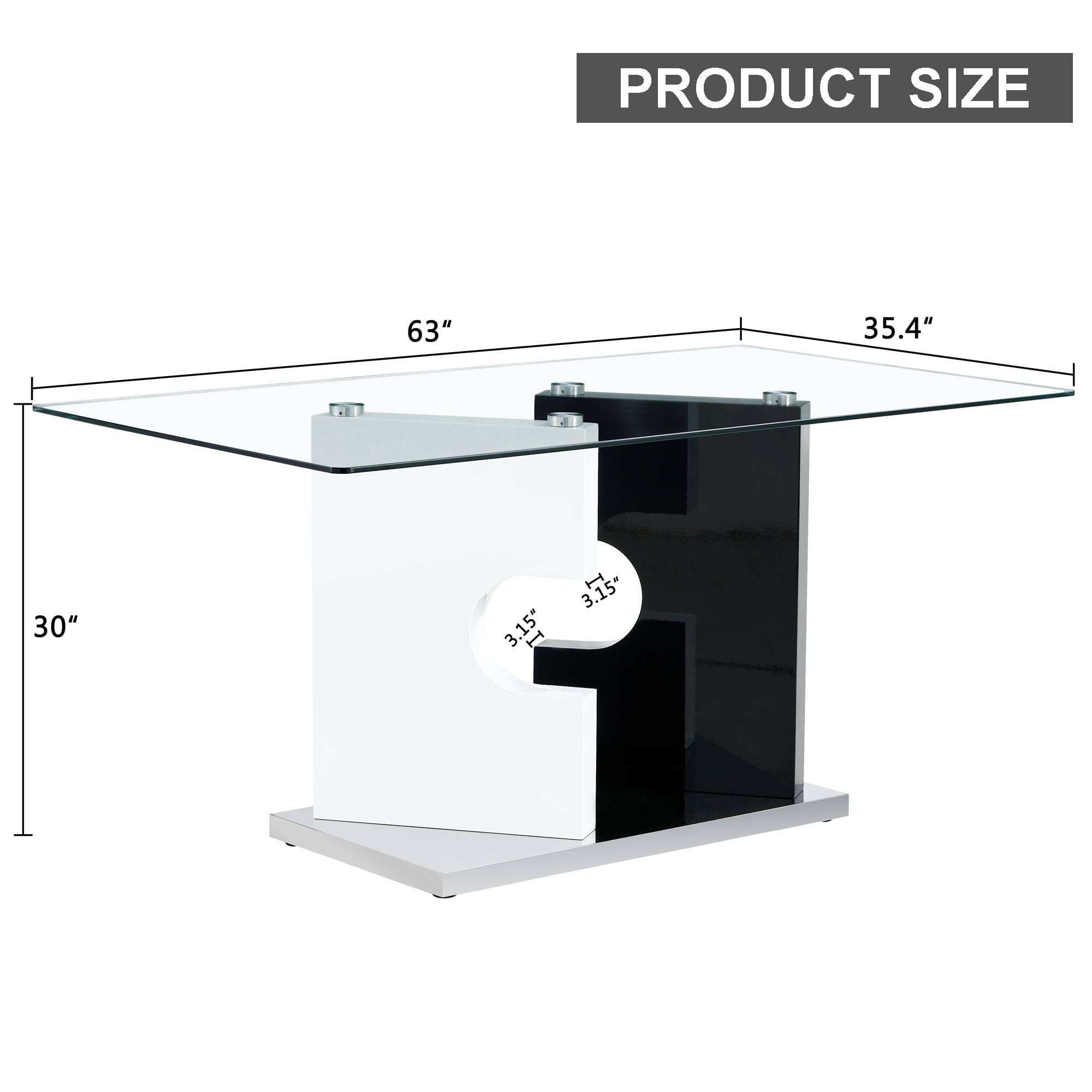 63 inch Glass Dining Table for 6 or 4, Modern Dining Room Table with Tempered Glass Tabletop and Double Pedestal Base, Large Rectangular Kitchen Table for Dining Room Banquet (Black&White)