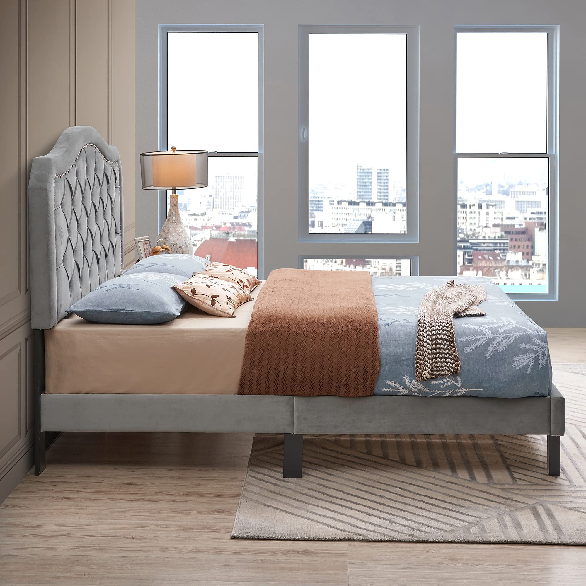 Prohon Queen Platform Bed with Tufted Trim Headboard, Upholstered Bed Frame Curved Bedframes for Kids, Teen & Adults, No Box Spring Needed, 83.8"L x 69.29"W x 42.5"H, Grey
