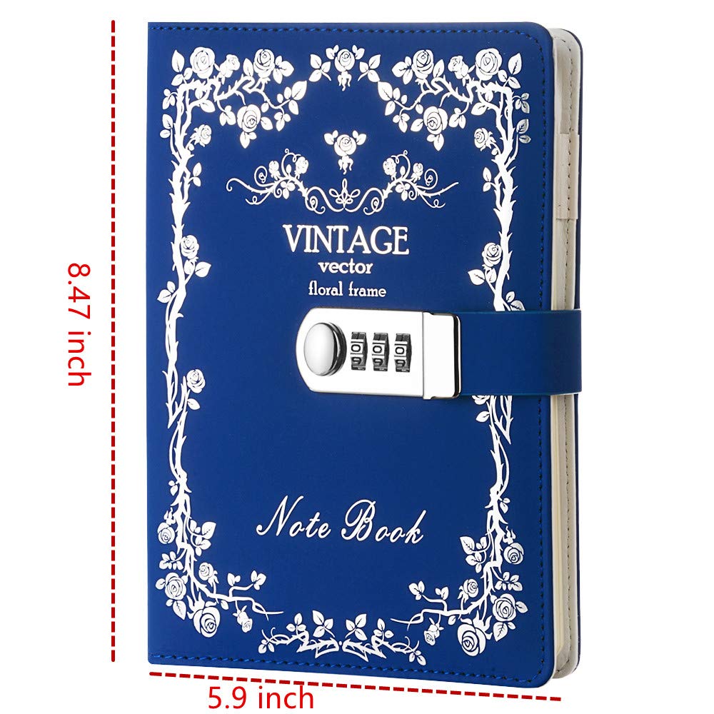 JunShop Lock Journal Diary Digital Password Notebook Leather Binder Diary with Combination Lock Print Bronzing (Blue)